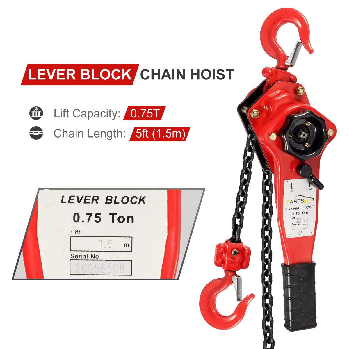 Partsam 1650LBS Capacity Lever Hoist Come Along 5FT 3/4 TON Lift 2 Heavy Duty Hooks &1Pcs Premium Towing Strap for Lifting Pulling Building Garages Attic Warehouse Automotive