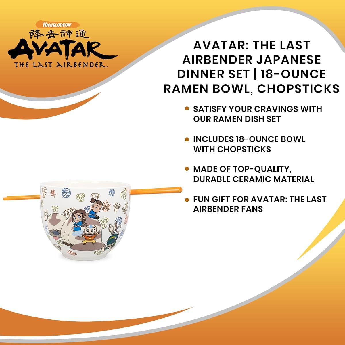 Surreal Entertainment Avatar: The Last Airbender Japanese Dinner Set | 18-Ounce Ramen Bowl, Chopsticks