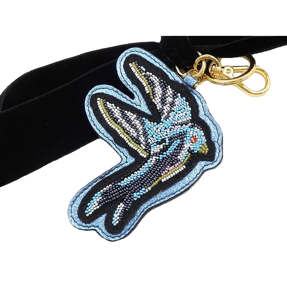 Prada Miu Miu Trick Plex Blason Beaded Blue Bird Black Velvet Bow Keyring 5TL217