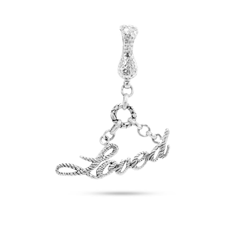 SARDA - .925 Sterling Silver 2-1/4" x 1-2/3" Interconnected Rings Suspending Cursive "Loved" Triangular Enhancer Pendant - Handmade by Bali Artisans