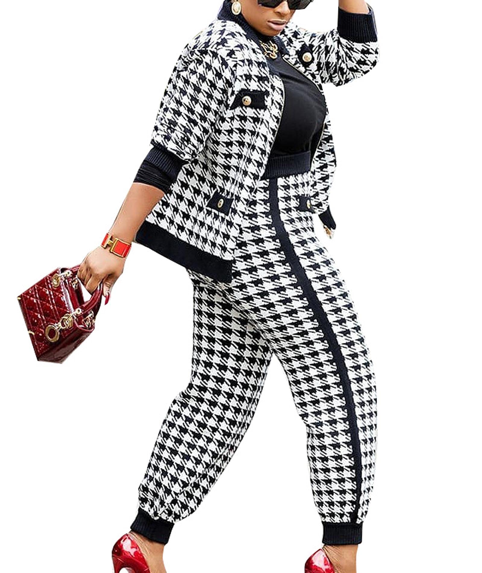 SOMTHRON Women’s Houndstooth Print 2 Piece Outfit Zip Up Long Sleeve Jacket Elastic High Waist Long Pants Set Work Suits Tracksuit BL-L