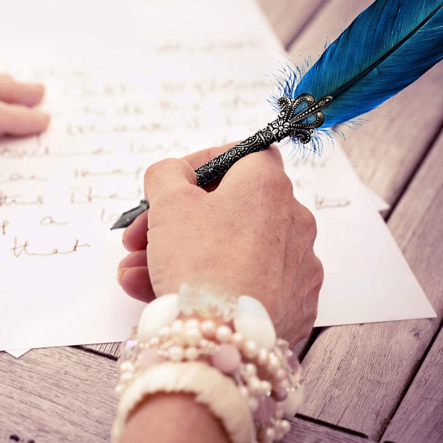 Quill Pen, Handmade Quill Feather Pen Set Antique Calligraphy Writing Quill Pen with Ink, Feather Pen with Ink and Steel Tips Calligraphy Set Quill Pen,6 Replacement Nibs/Contains ink(Navy Blue)1