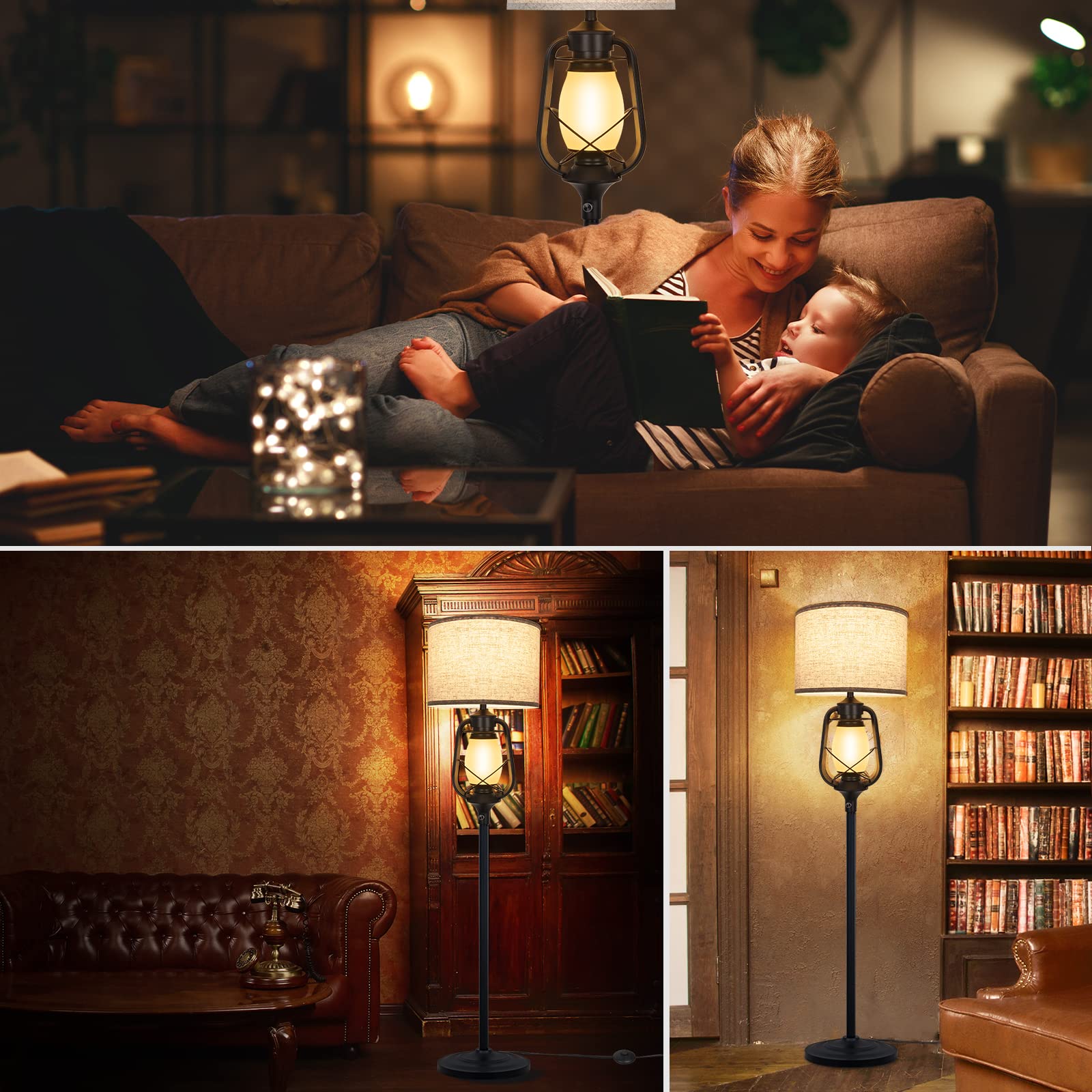 Rustic Farmhouse Floor Lamp with LED Night Light, 2-Light Tall Standing Lamp, Vintage Pole Light with Beige Linen Drum Shade,Industrial Black Stand Up Lamp for Bedroom, Living Room, Reading, Office