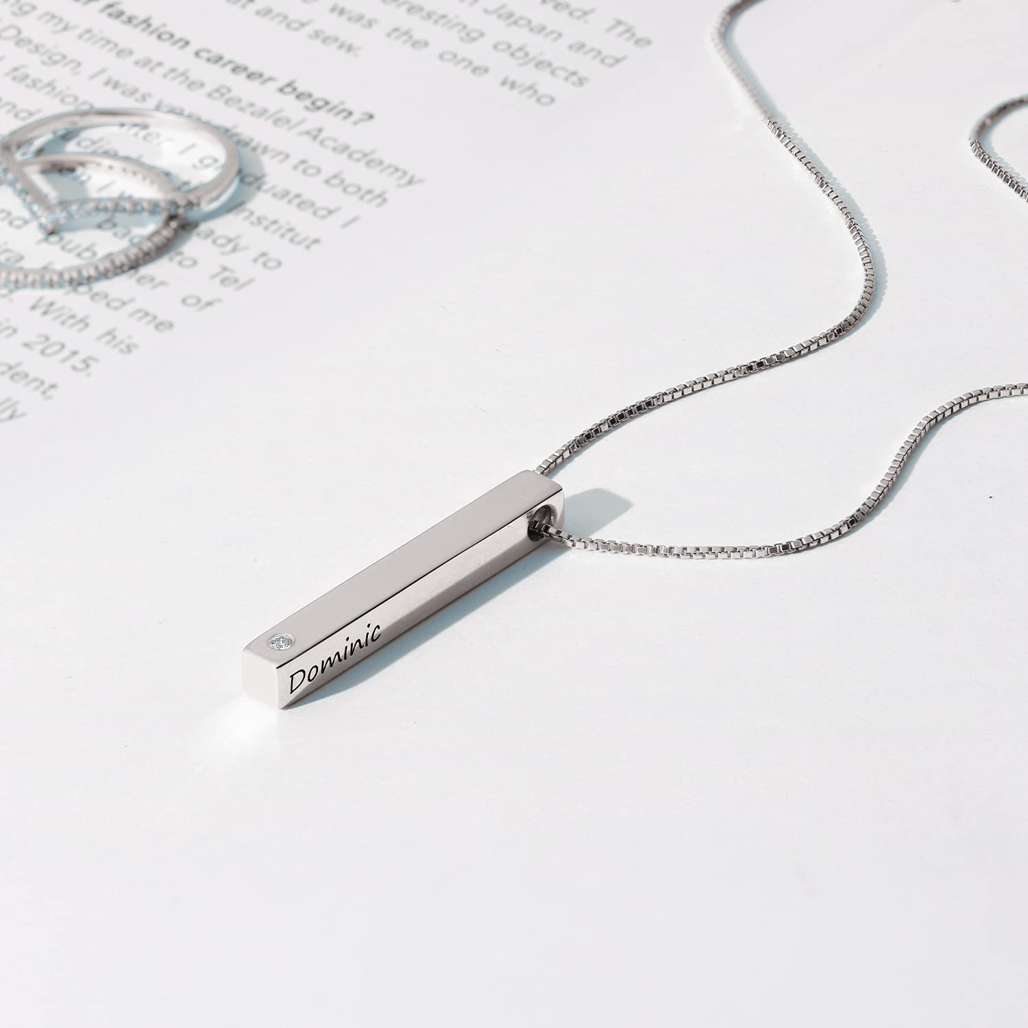 Oak&Luna Personalized Custom Pillar Bar Necklace -3D Engraved 4 Sides- Christmas Jewelry Gift for Her