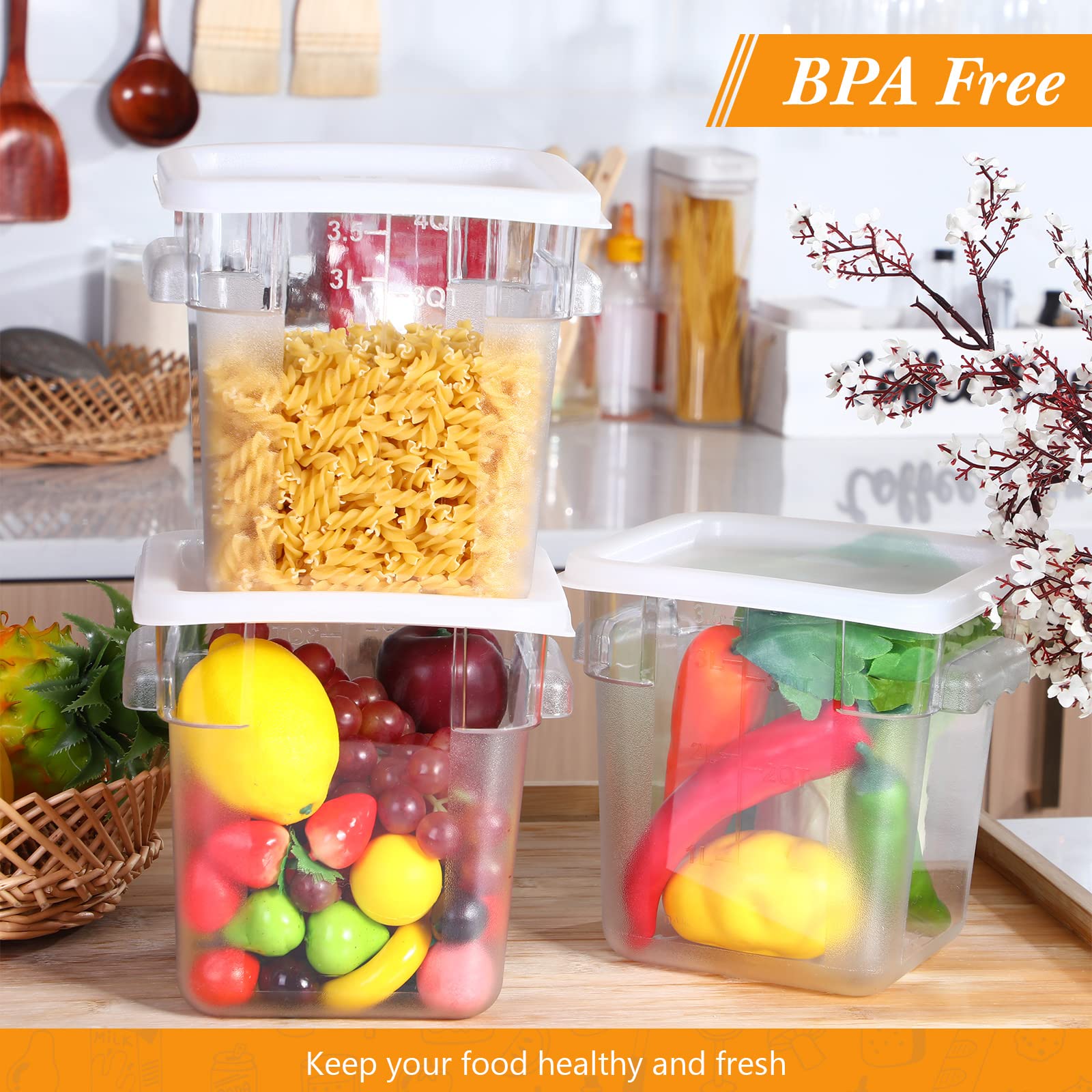 meekoo Set of 3 Food Container Sets Square Food Storage Containers with Lids 4 Quart Large Plastic Brining Container with Lid Commercial Clear Polycarbonate Brine Bucket for Kitchen Bread Food Prep