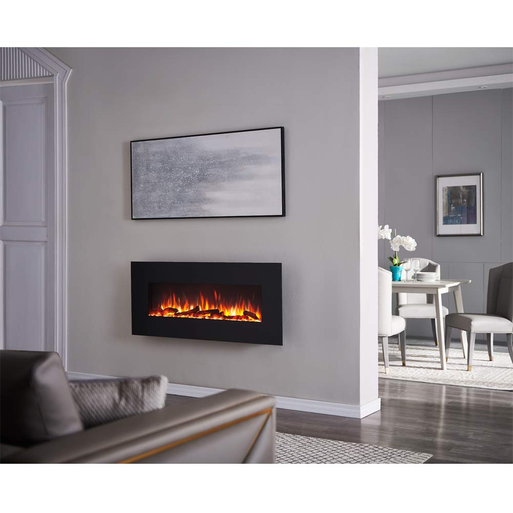 PuraFlame Serena 50 Inches Wall Mounted Linear Electric Fireplace with Log Set & Crystal, Adjustable Flame Color and Speed, 750 / 1500W Heater, Remote with Timer, 50.38 x 5.44 x 21.63 inches, Black
