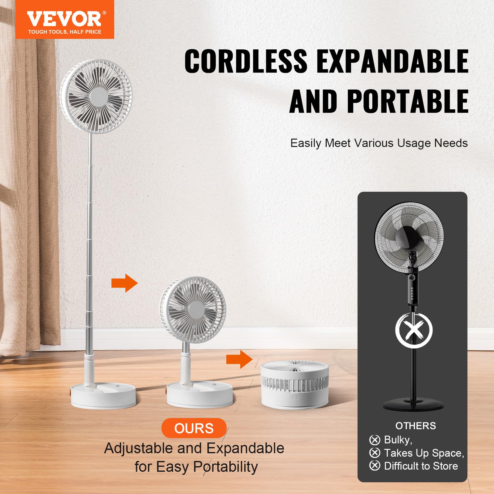 VEVOR 12 Inch Foldable Oscillating Standing Fan with Remote Control, 8 Speed Adjustable Portable Desk Quiet Fan, 10800mah Rechargeable USB Fan, Folded Rotating Floor Fan for Bedroom Office Travel