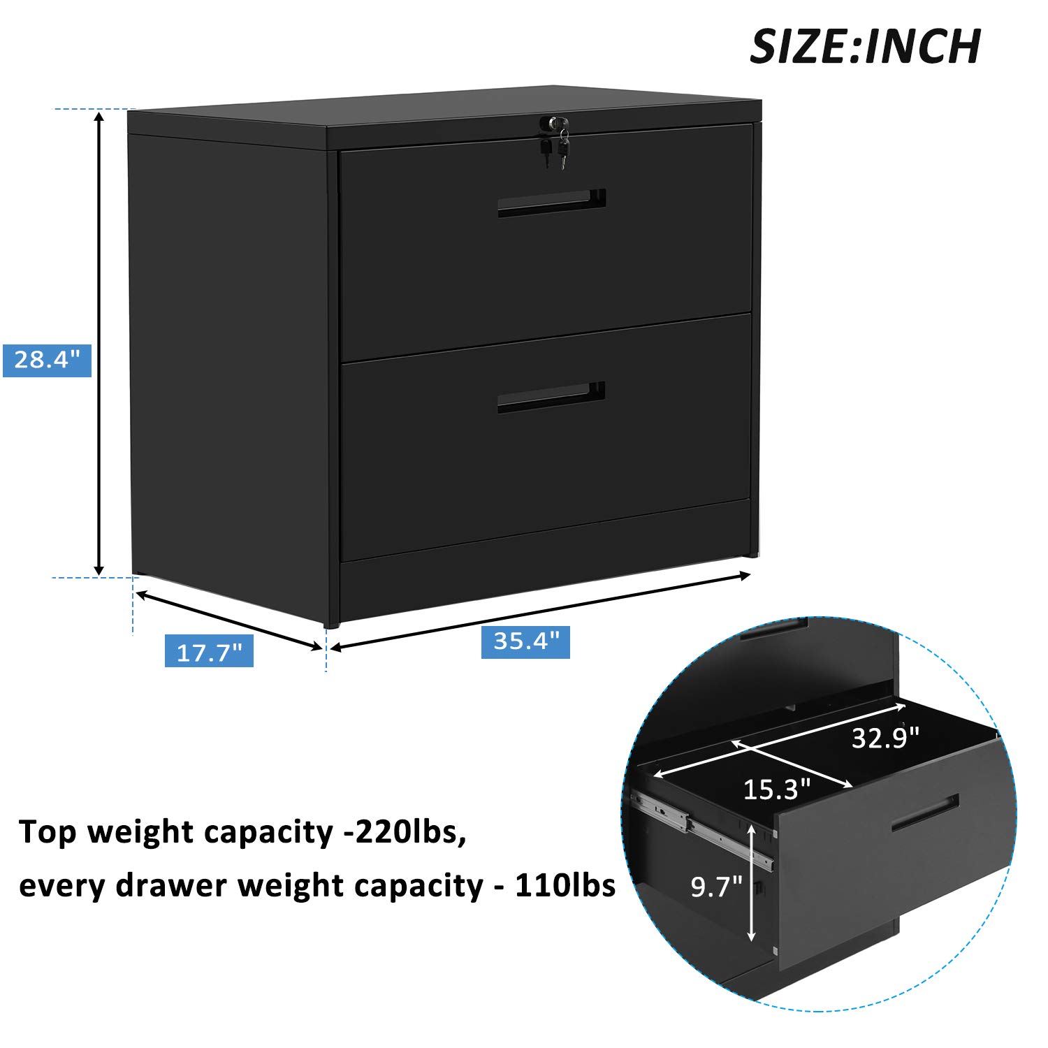 ModernLuxe Lateral File Cabinet, Home Office Steel Lockable Filing Cabinet
