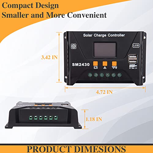 PWM Solar Charge Controller 12V 10A Waterproof, PWM Negative Ground Solar Charge Controller 12V/24V with LCD Display for AGM, Gel, Flooded and Lithium Battery