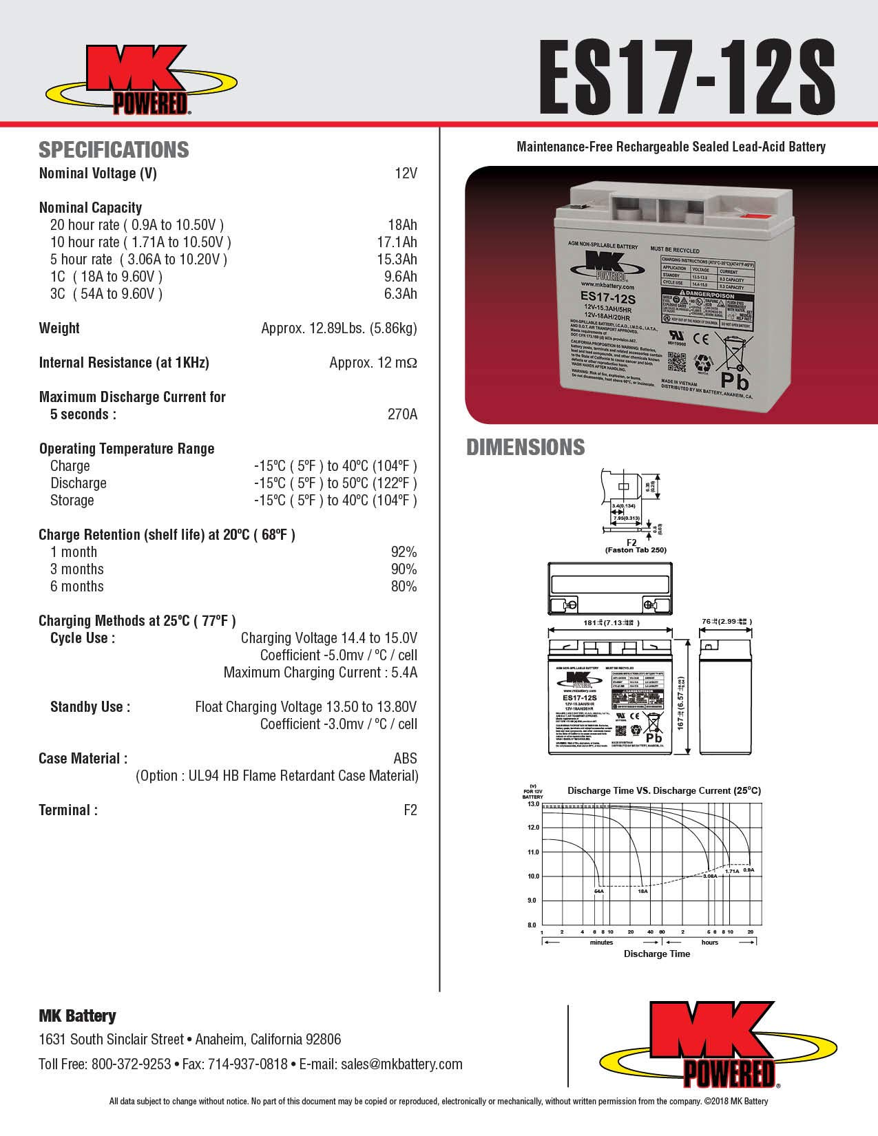 MK Battery ES17-12S Maintenance-Free Rechargeable Sealed Lead-Acid Battery