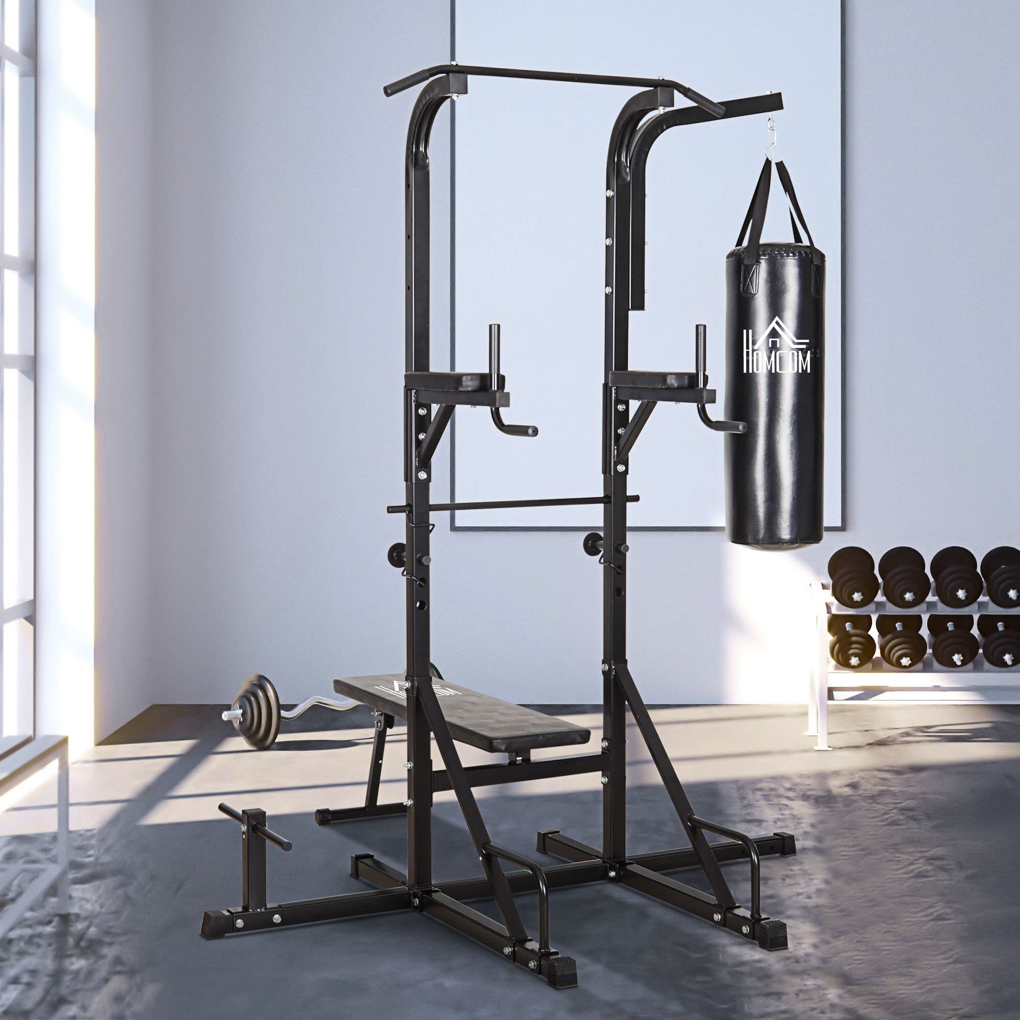 Soozier Heavy-Duty Power Tower Dip Station Pull Up Bar with Foldable Workout Bench and Punching Bag, Multi-Functional Adjustable Strength Training Equipment Power Rack Fitness Equipment for Home Gym
