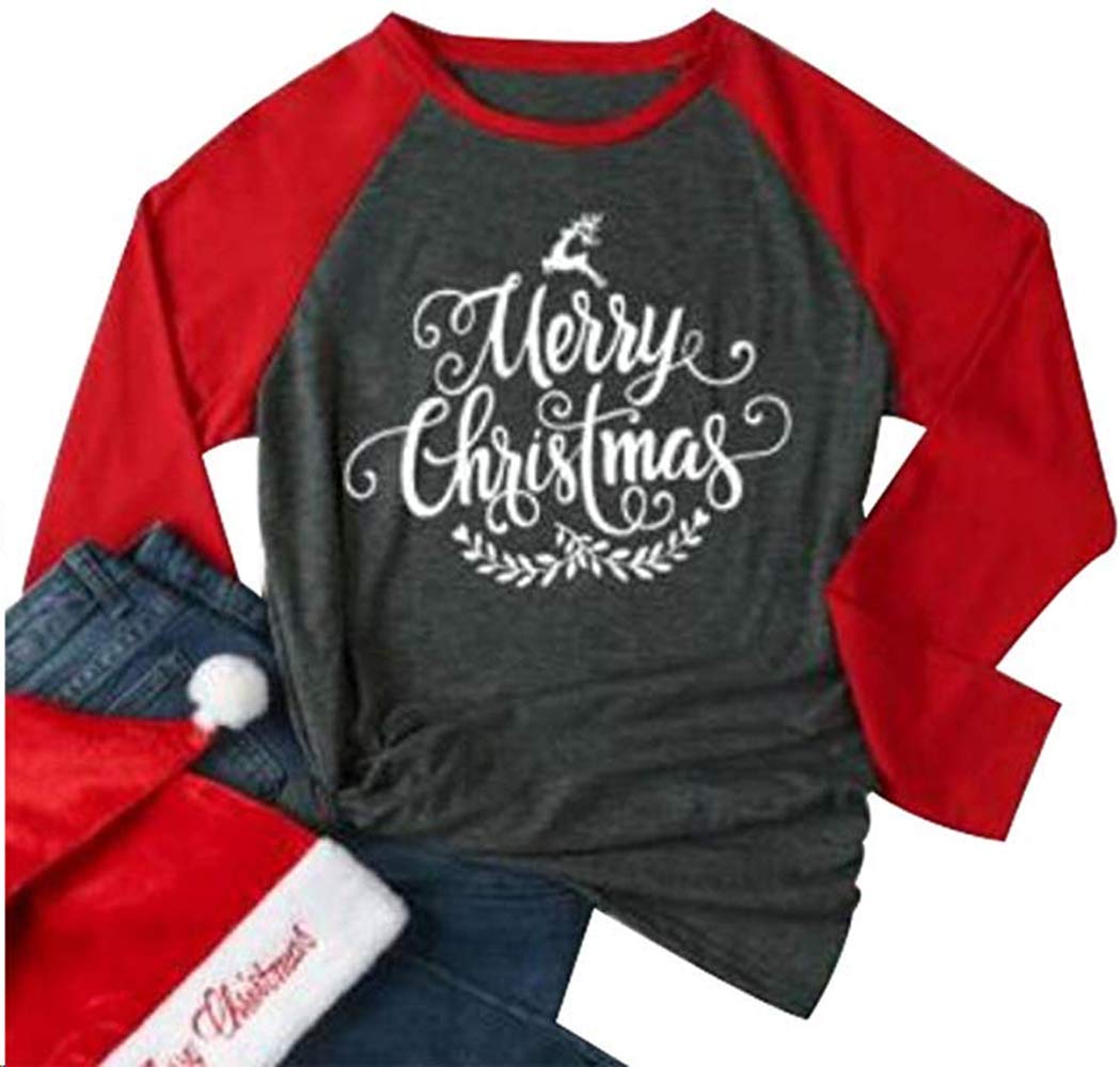 Merry Christmas Leaf Print Baseball T-shirt Women Causal Raglan Long Sleeve Tees size L (Red)