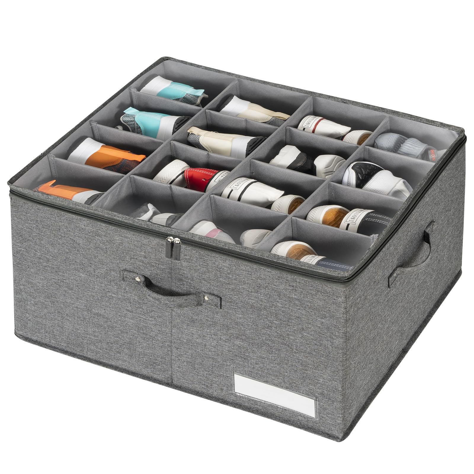 popoly Shoe Organizer for Closet Fits 16 Pairs, Large Shoes Storage Box Bins Containers with Clear Cover and Adjustable Dividers for Sneakers High Heeled, Hard Shell and Stackable (Grey)