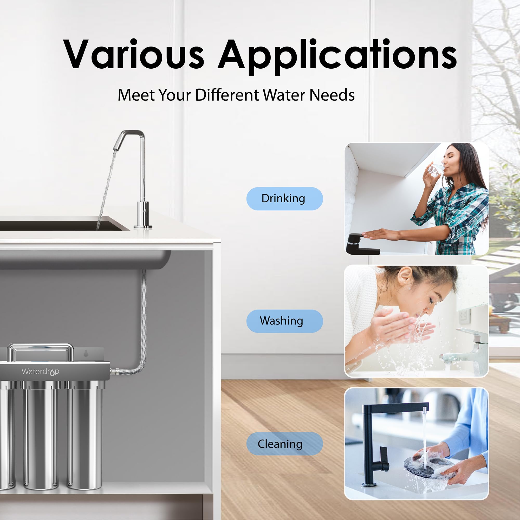 Waterdrop TST-UF 0.01μm Ultra-Filtration Under Sink Water Filter, Stainless Steel, 5X Service Life,Remove 99.99% of Contąminants Larger Than 0.01μm, USA Tech (3 Filter Included)