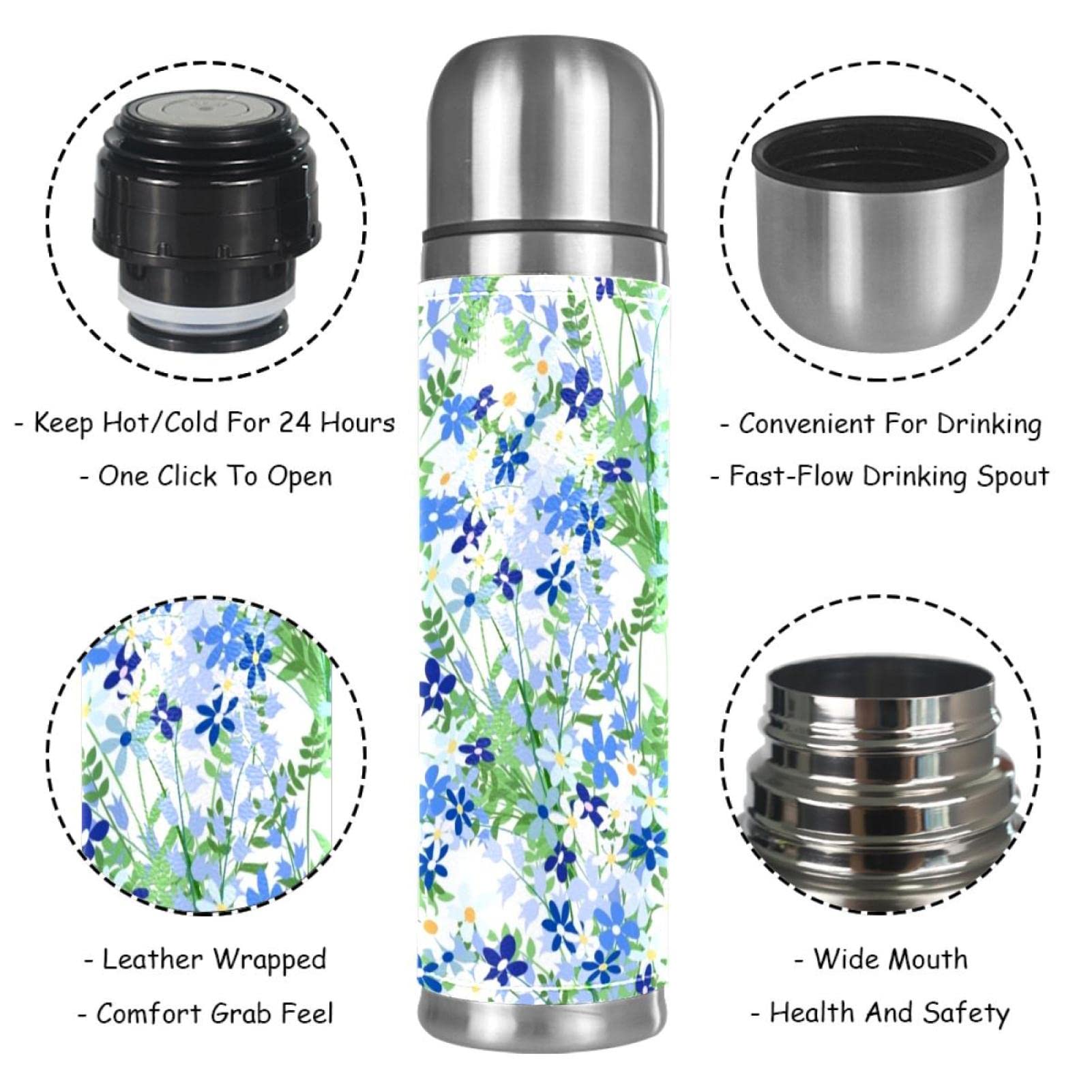 Stainless Steel Leather Vacuum Insulated Mug Flower Thermos Water Bottle for Hot and Cold Drinks Kids Adults 16 Oz