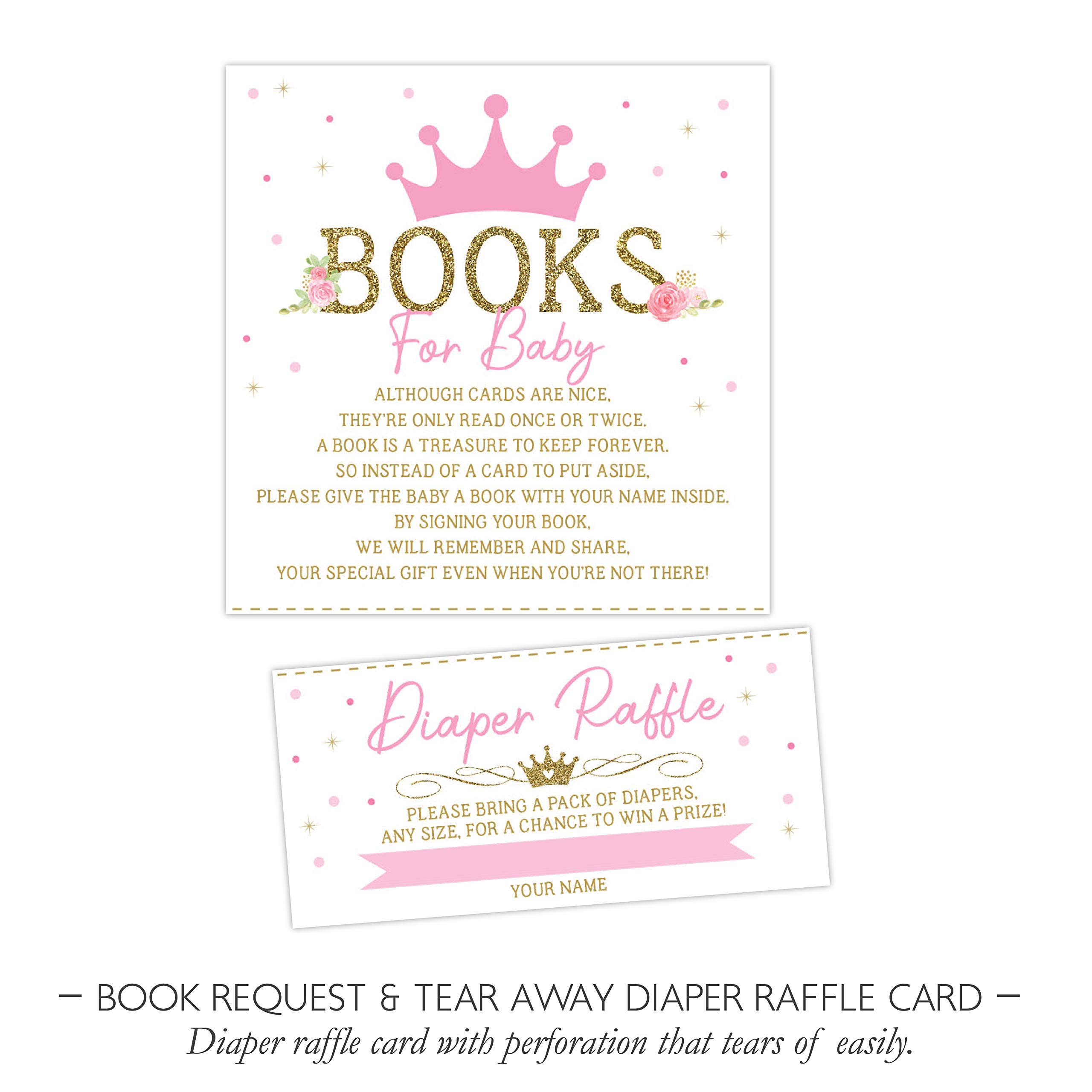 Princess Baby Shower Invitations with Book Request and Diaper Raffle Card, Pink Baby Sprinkle, 20 Fill in Invites