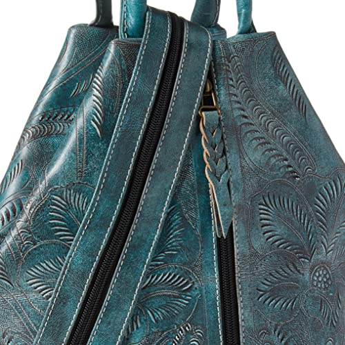 Santiago Sebastian Leathers Ladies leather convertible backpack purse, handbag/backpack, Handmade, Handtooled, Floral pattern, zippers, 3 compartments (Turquoise)