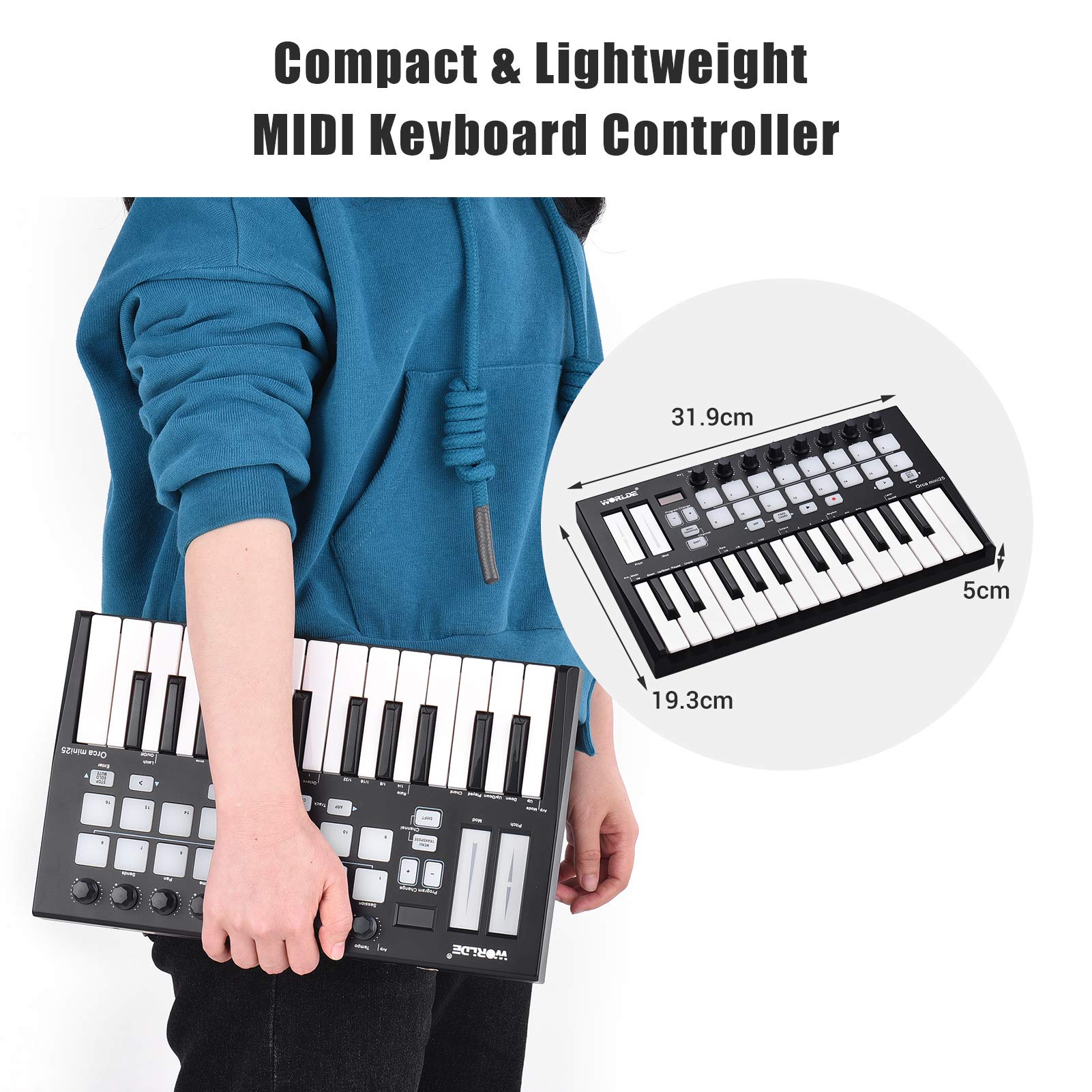 Taruor USB MIDI Keyboard Controller, Portable 25-Key USB MIDI Keyboard Controller with 16 RGB Backlit Trigger Pads 8 Assignable Control Knobs