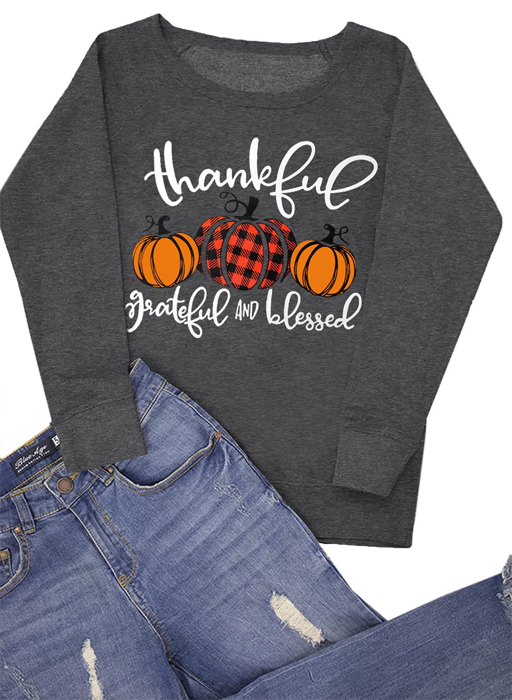 Thanksgiving Women's Graphic Sweatshirt Long Sleeve Casual Shirt Gray Pumpkin Plaid L