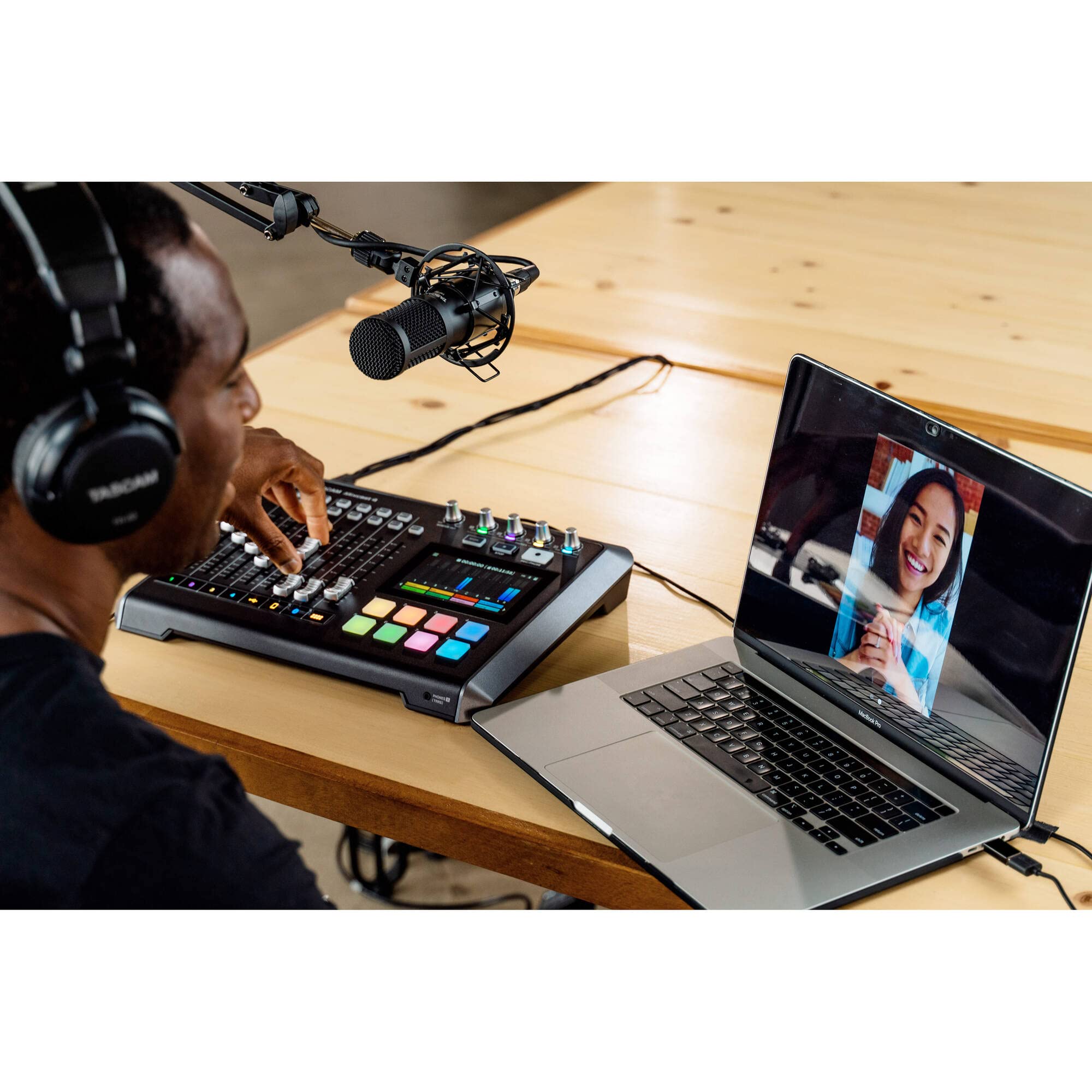 Tascam Mixcast 4 Podcast Mixer Built-in Recorder/USB Audio Interface Bundle with Tascam TH-02 Headphones, 64GB SDXC Memory, 2x 10-Foot TRS Cable, 2x 10-Foot XLR Cable, 4x Cable Tie, Microfiber Cloth