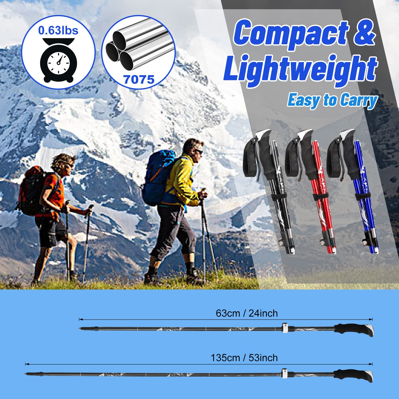 R2Depot Trekking Poles 2 Pack, Adjustable Collapsible Hiking Poles, Lightweight Aluminum 7075 Folding Hiking Poles with A Headwear (Blue)