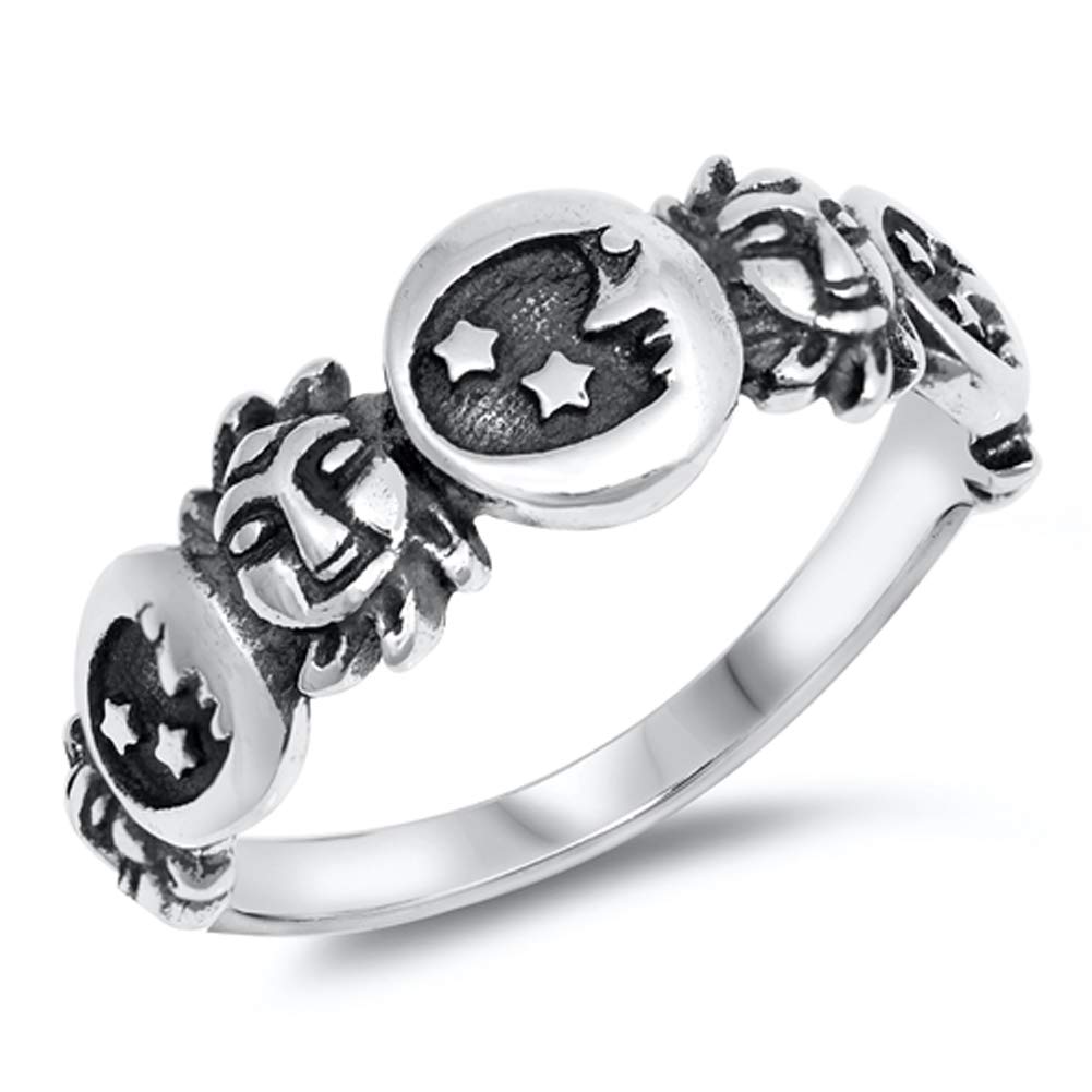 Oxidized Moon Star Sun Mythological Ring .925 Sterling Silver Band Size 7