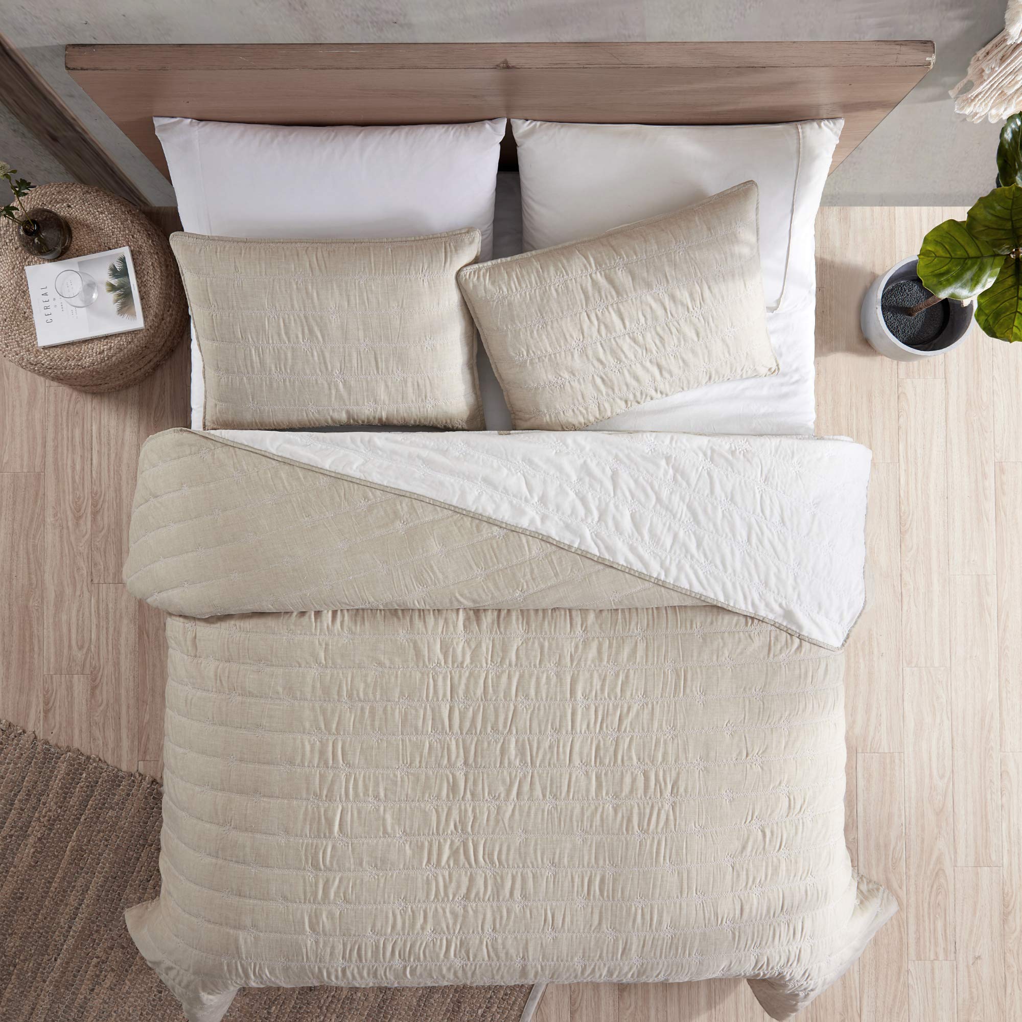 Modern Threads 3-Piece Everly Embroidered Quilted Coverlet Set with Matching Shams, Decorative Pillows Linen/Cream Queen
