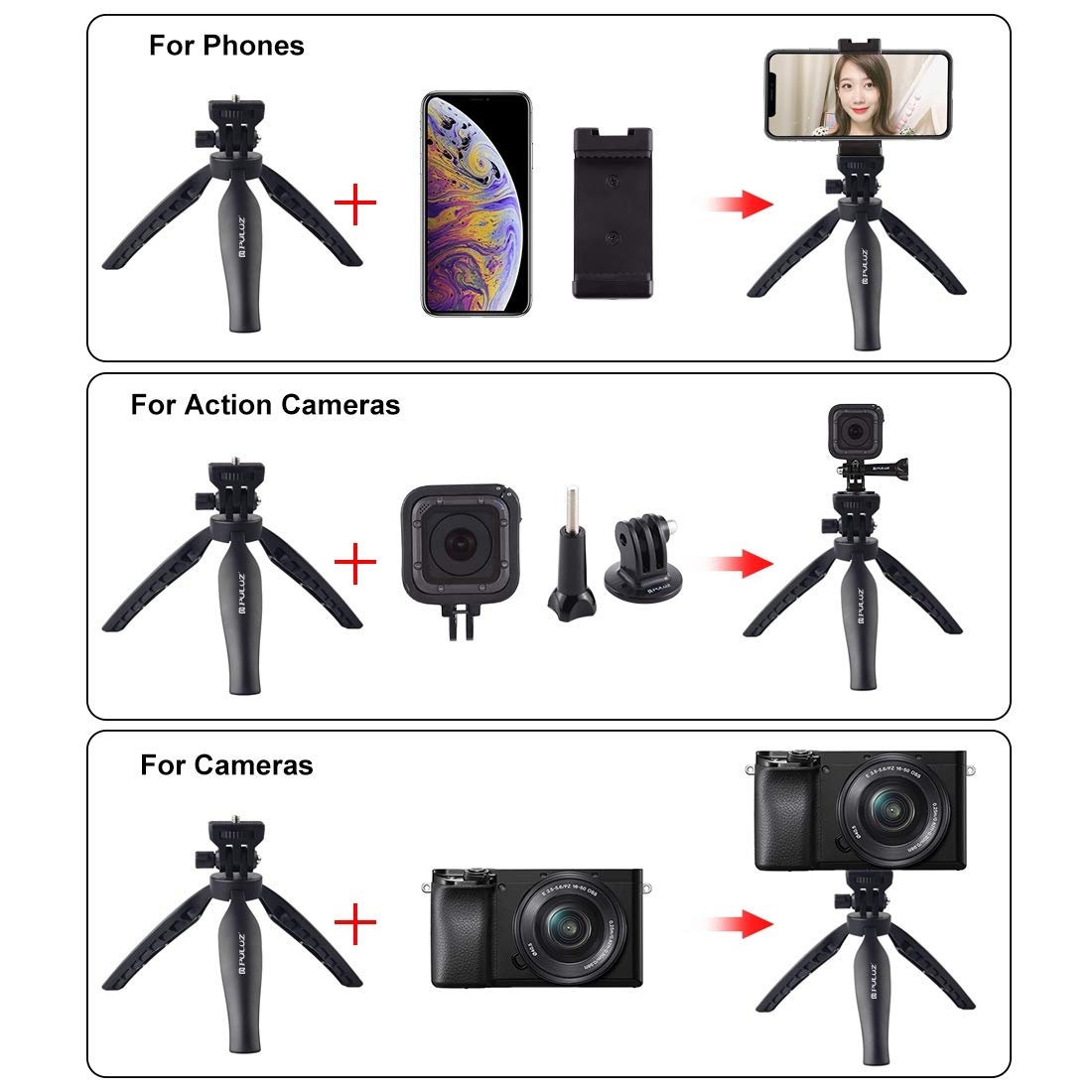 PULUZ Cell Phone Tipod Monunt Holder Bracket Desk Plastic Tripod Mount with Phone Clamp & Adjusting Tripod Head for Actions Camera Smartphone Mini Tripod Stand