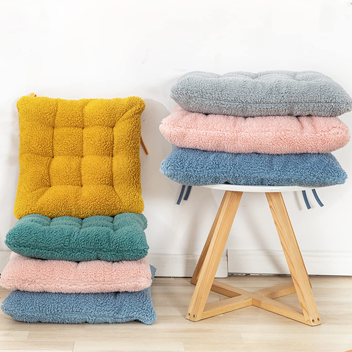 Square Lamb Wool Cushion Solid Color Butt Pad Non-Slip Soft Fluffy Thicken Plush Seat Pillows Cushions Office Chair Seat Pad Chair Cushion for Home, Office,Adults and Children Pink-15.7inch