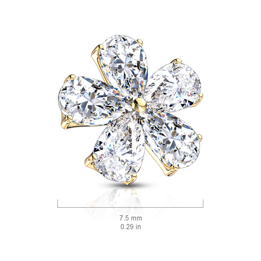MoBody 5 Clear CZ Flower Top Surgical Steel Internally Threaded Dermal Anchor Body Piercing Top 14G (Silver-Tone)