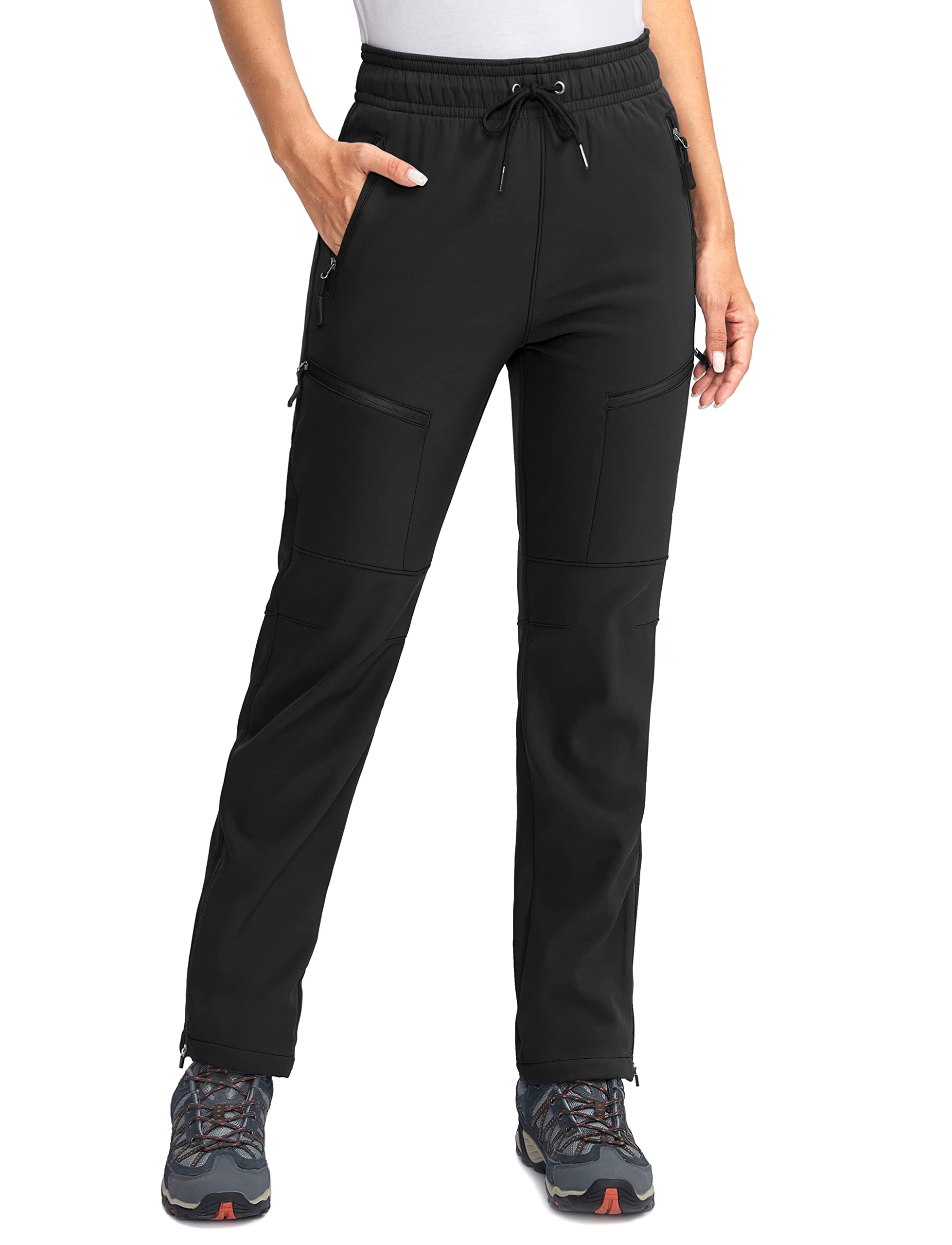 SANTINY Women's Fleece Lined Hiking Pants 4 Zipper Pockets Warm Winter Softshell Snow Ski Pants Waterproof Insulated (Black_XL)