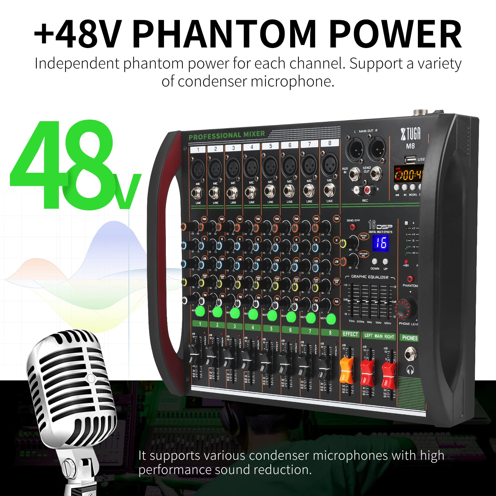 XTUGA M8 Professional 8 Channel Audio mixer Console with 16DSP,MP3 Player,+48V Phantom Power,USB,Bluetooth,Reverb,5 Band EQ for stage for Studio/DJ Stage/Party