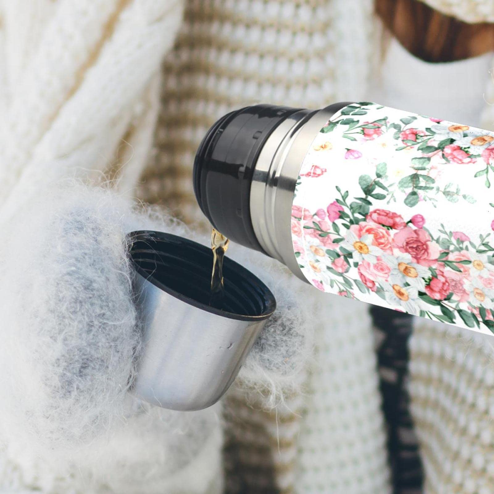 Stainless Steel Leather Vacuum Insulated Mug Flowers Thermos Water Bottle for Hot and Cold Drinks Kids Adults 16 Oz