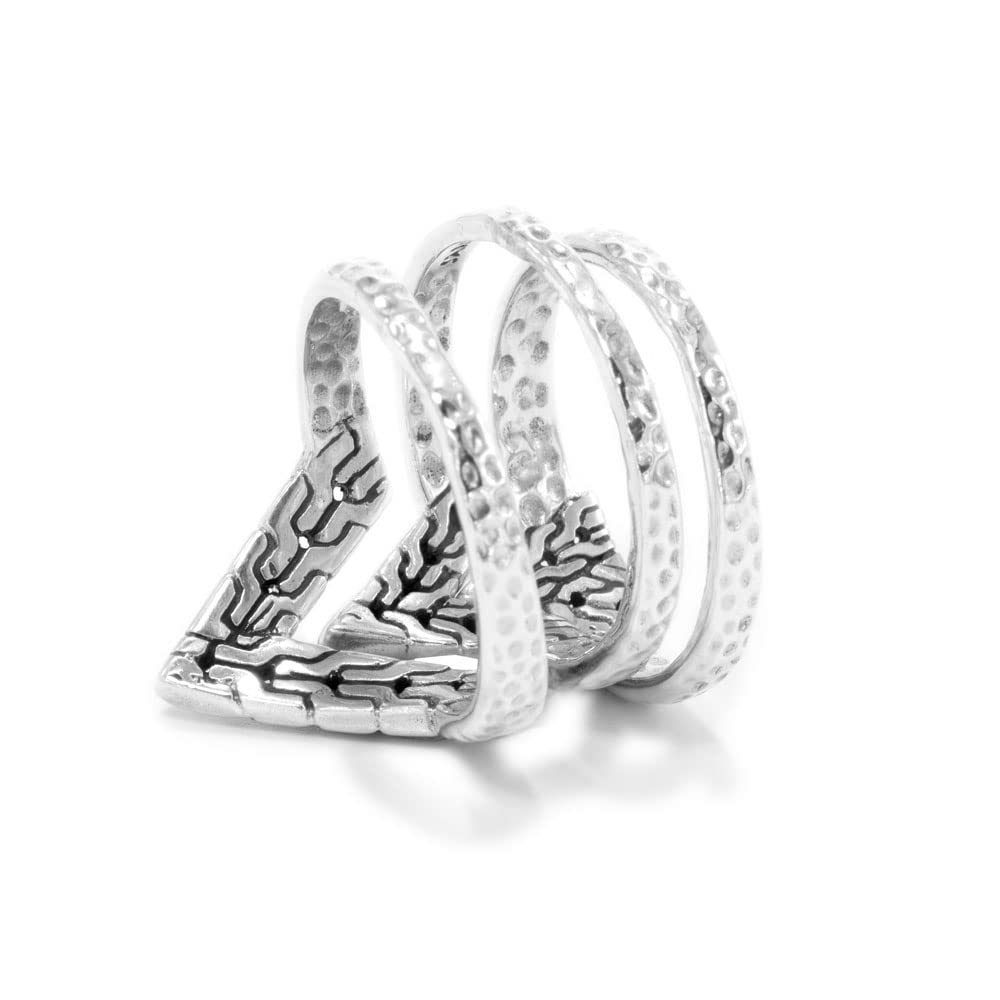 Sarda - .925 Sterling Silver 21mm Chainlink & Hammered Chevron Three Stackable Rings Set - Handmade by Bali Artisans - Size 8