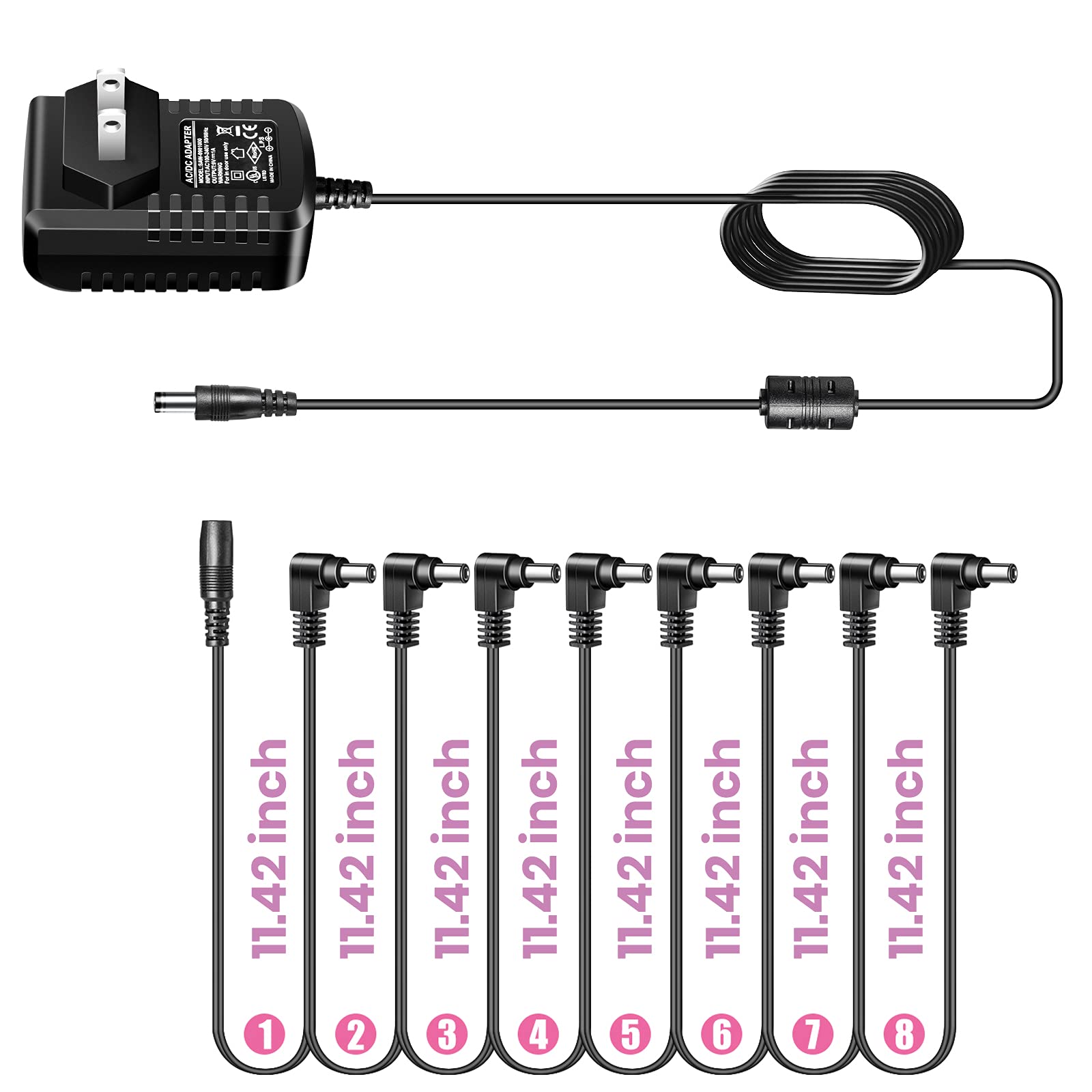 Pigtone Guitar Pedal Power Supply AC Wall Charger Adapter 9V DC 1A 1000mA Tip Negative 8 Way Daisy Chain Pedal Cables for Most Guitar Effect Pedals