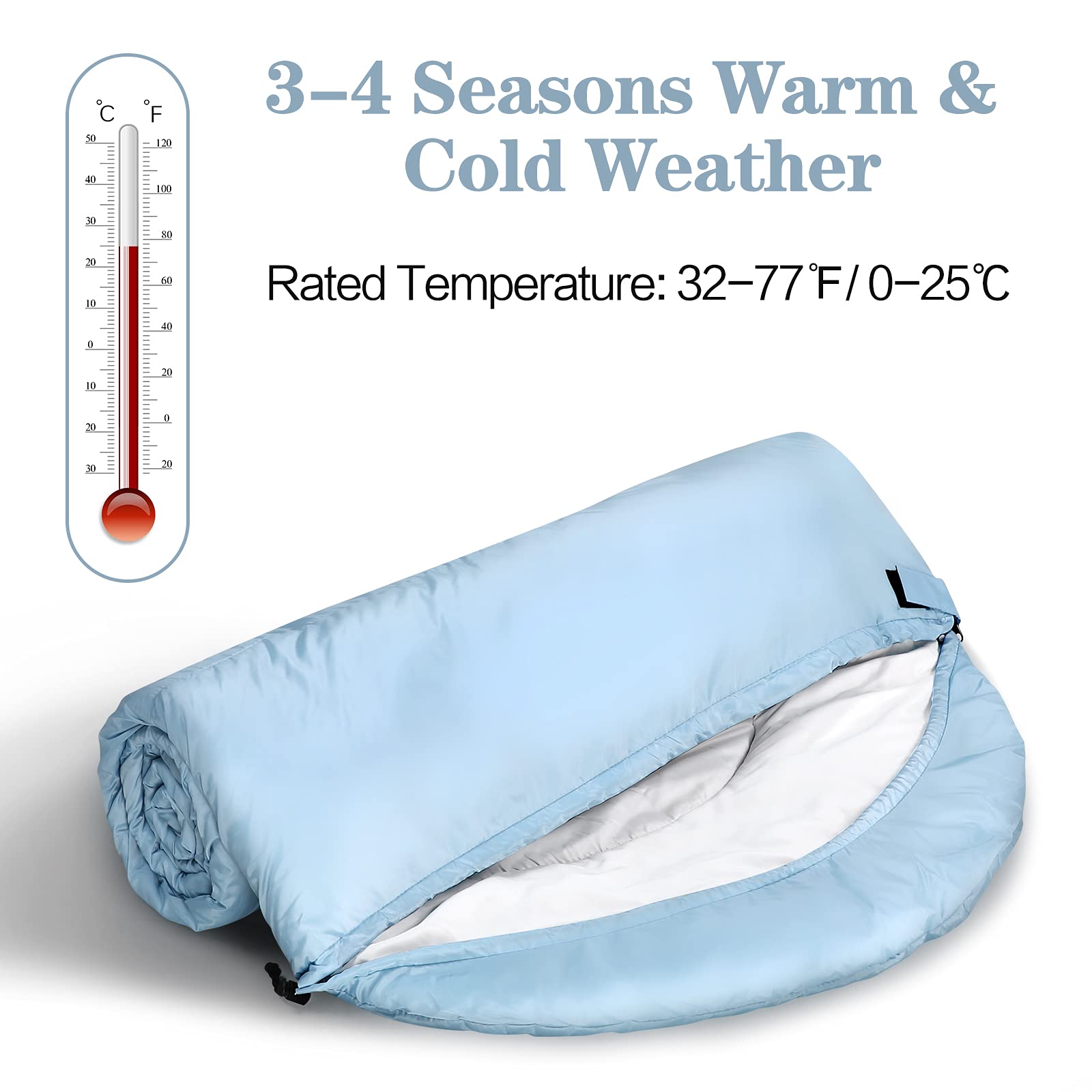 Sleeping Bags for Adults, Teens & Kids - Use for 3-4 Seasons, Warm & Cold Weather - Lightweight, Portable, Waterproof, Use for Backpacking, Hiking and Camping (Sky Blue/Left Zip)