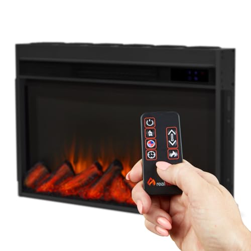 Real Flame Crawford Slim Indoor Electric Fireplace, Black, Free-Standing with Real Wood Mantel Finish - 6 Flame Colors, Adjustable Thermostat, 120V, 1400W, 5100 BTUs