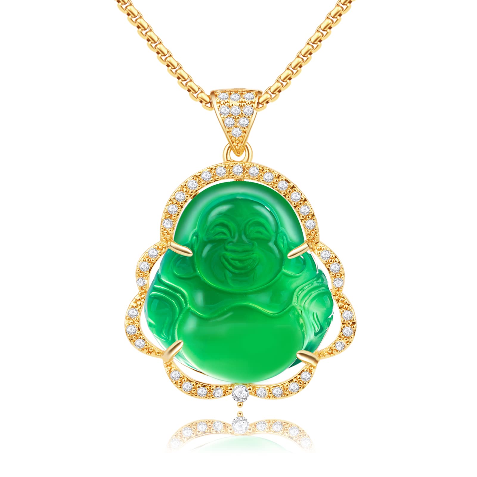 TIKCAUZ Buddha Necklace for Women Men Green Jade Laughing Buddha Pendant with18K Gold Plated Chain Lucky Buddah Necklace Jewelry Gifts for Her Him