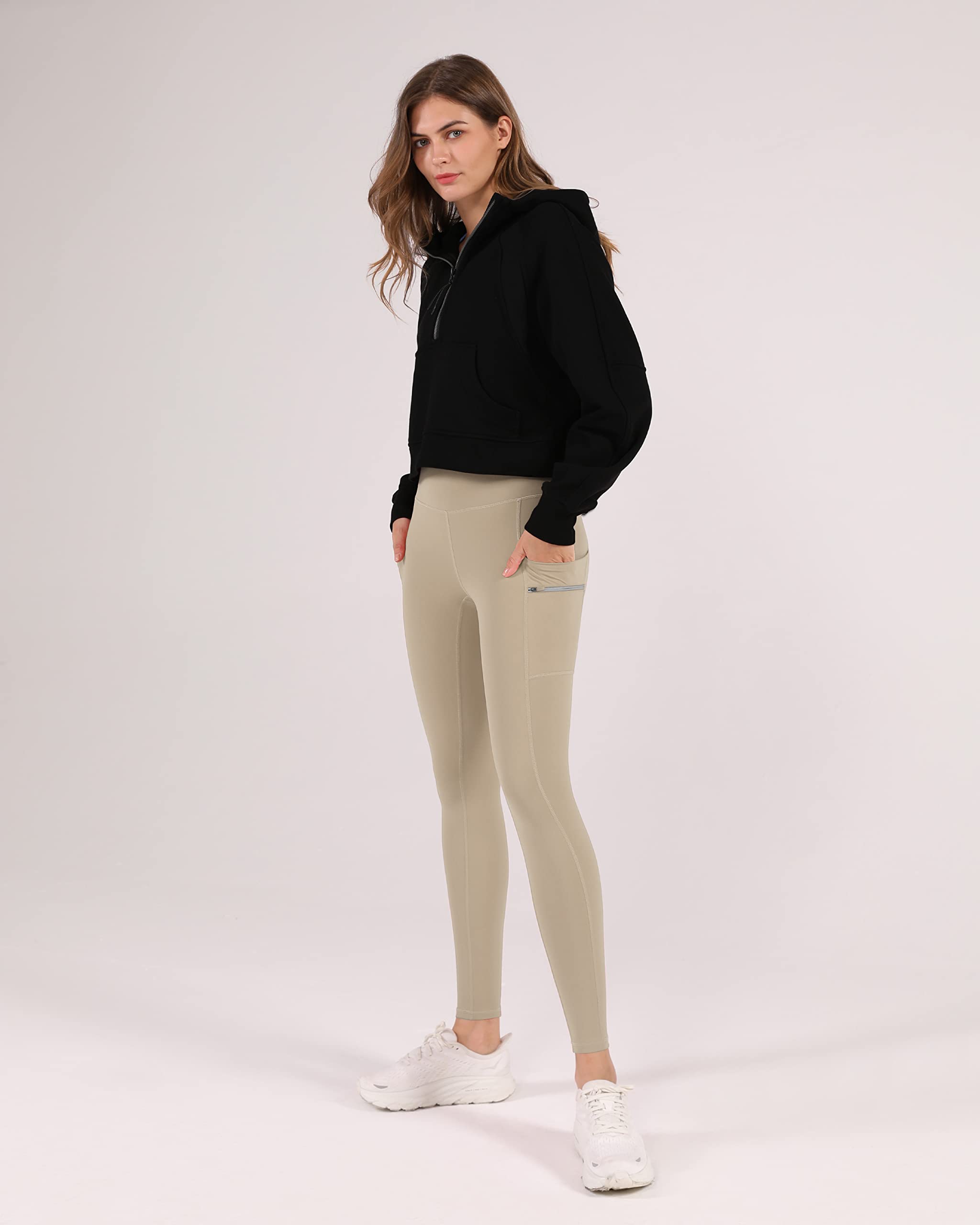 ODODOS Women's High Waisted Full-Length Dual Pockets Workout Leggings, Yoga Running Gym Athletic Leggings, Dark Beige, X-Large