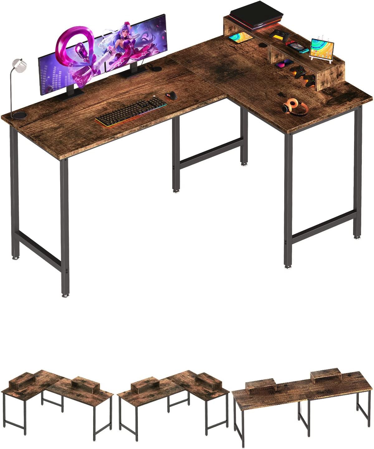 MINOSYS L Shaped Computer Desk - 58" Gaming Desk, Reversible Corner Desk, Home Office Writing Desk with Monitor Stand Shelf, Space-Saving Modern Simple Wooden Desk, Rustic Brown