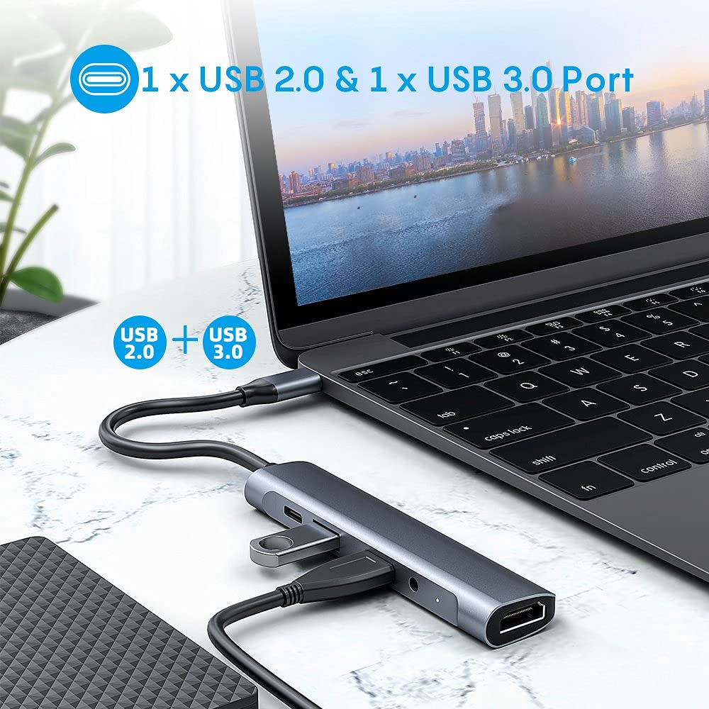 Slim Aluminum USB C Hub Adapter 5 in 1 with 4K HDMI, USB 3.0 Port, 3.5mm Headphone Jack, USB-C Data Charging Port Compatible for MacBook Pro, iPad Pro, Nintendo Switch and More