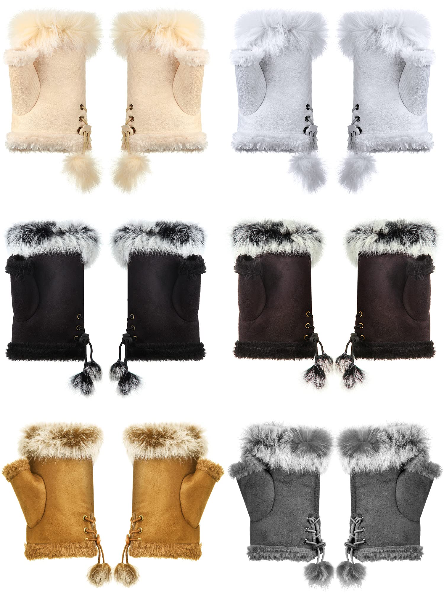 SATINIOR 6 Pairs Women Faux Rabbit Fur Gloves Fingerless Winter Gloves Mittens Warm Gloves Stretchy Hand Wrist Warmers (Classic Color)