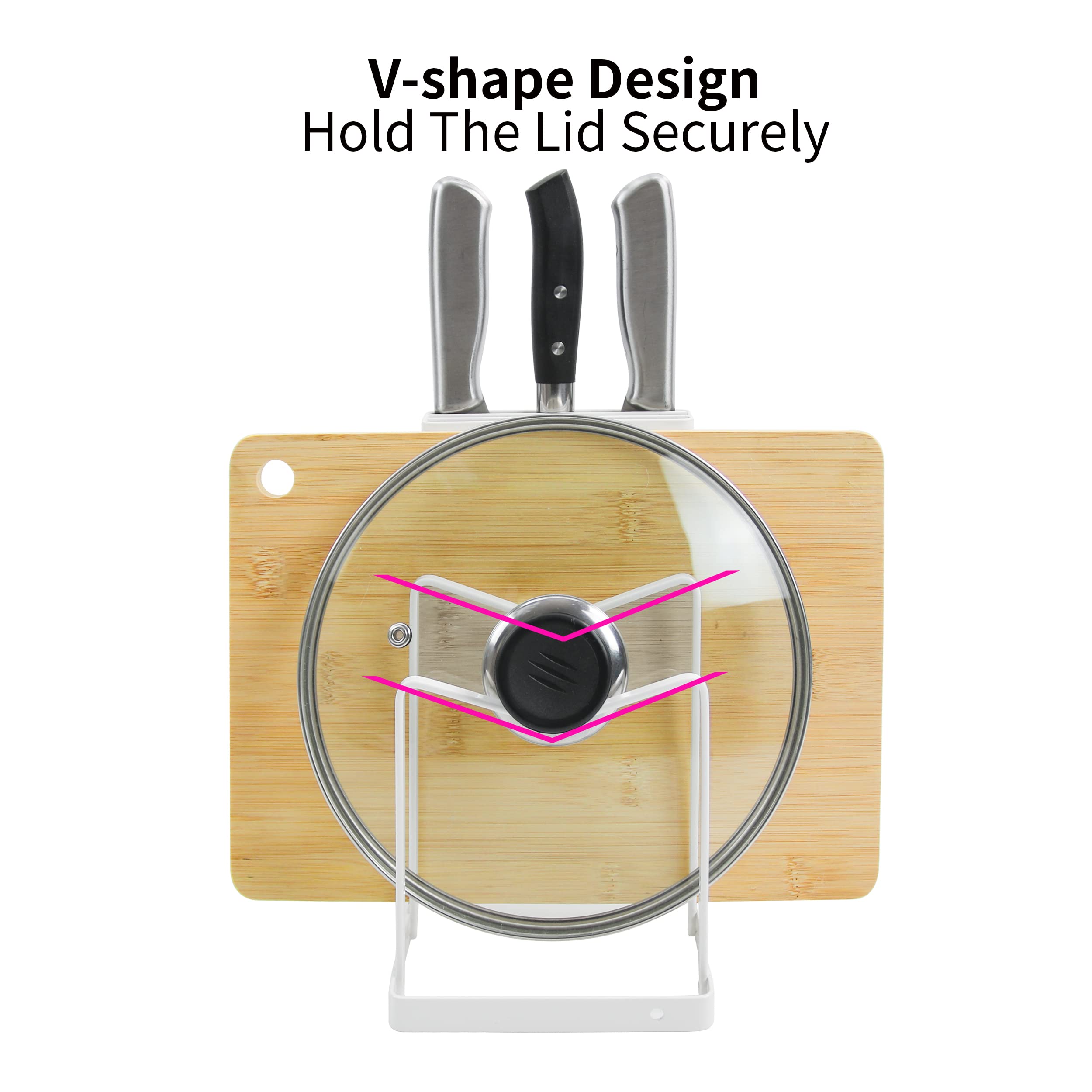 Qflushor Knife Block Holder, Pot Lid Organizer, Cutting Board Organizer, Cookware Bakeware Organizer for Kitchen Countertop, Cabinet, Pantry, Metal, White
