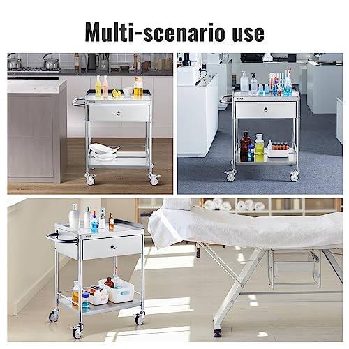 VEVOR Medical Trolley, Dual-Tier Stainless Steel Trolley with a 220 lbs Load Limit, Equipped with Quiet 360° Casters and a Drawer, Ideal for Laboratories, Clinics, Kitchens, and Salons