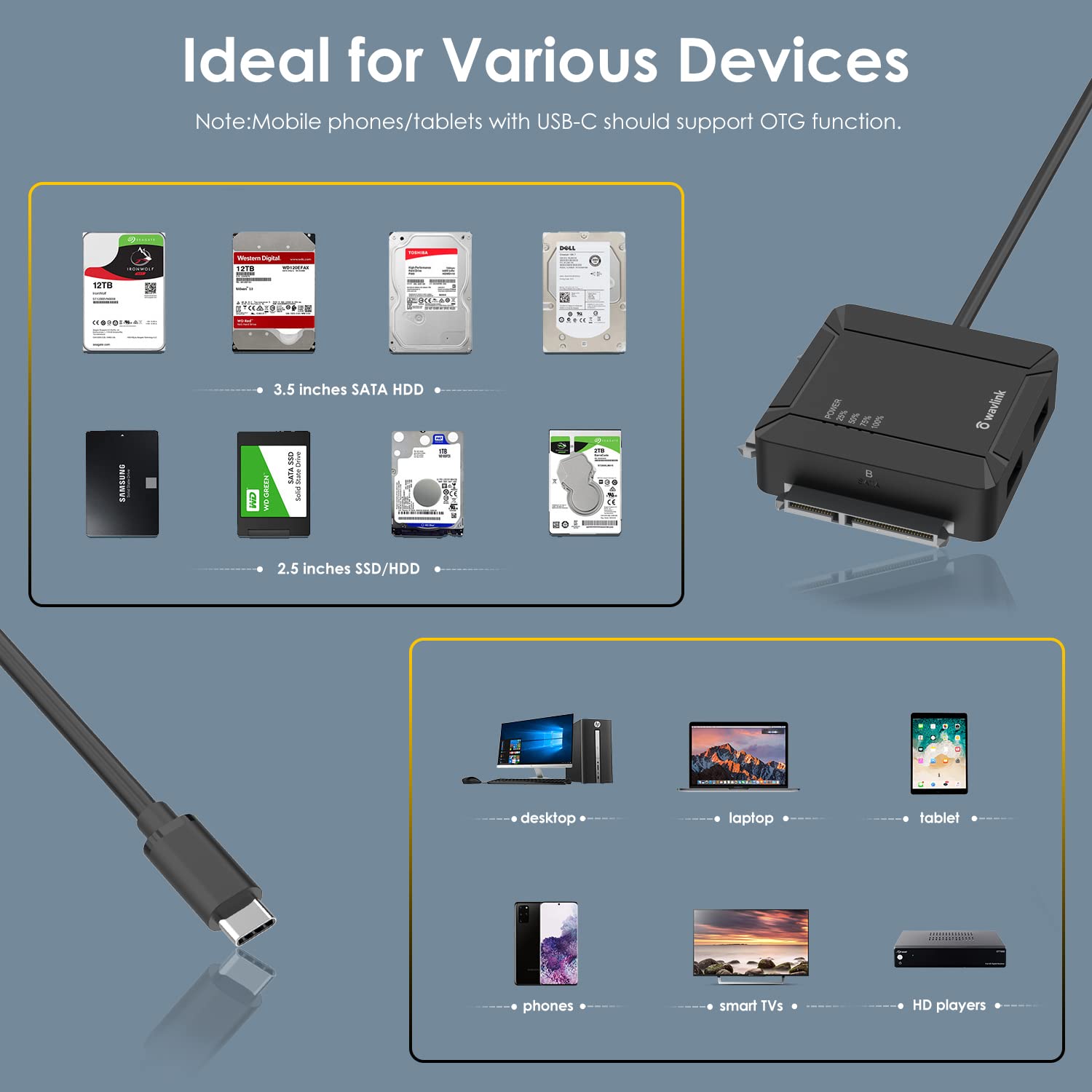 WAVLINK SATA III to USB Adapter Cable, USB C to Dual Bay SATA 3 Converter for 2.5"/3.5'' External Hard Drive HDD/SSD Connector with 2X USB Ports and 12V Power Adapter, Max 2x18 TB