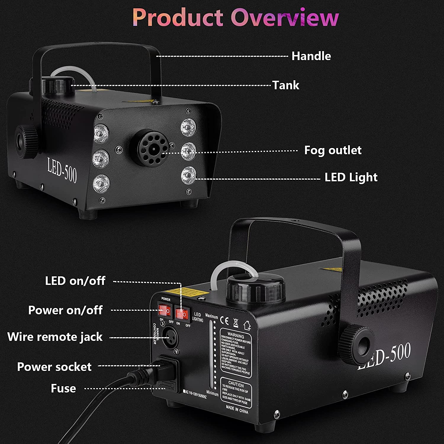 Seasonize Halloween Fog Machine with 6 LED Lights 500W Smoke Machine with 12 Color Effect, 2000CFM Fog with Wired and Wireless Remote Control