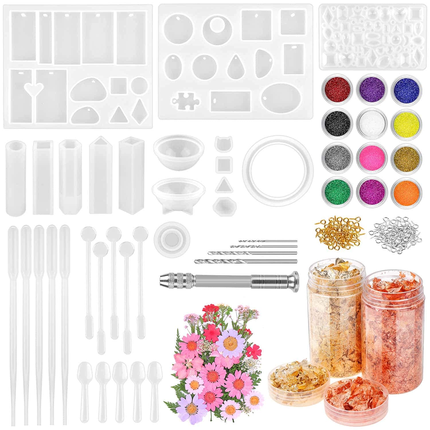 Resin Jewelry Making Kit, Thrilez 131 Pcs Resin Mold Kit with Silicone Resin Molds, Dried Flowers, Gold Foil Flakes and Tools for Epoxy Resin Casting