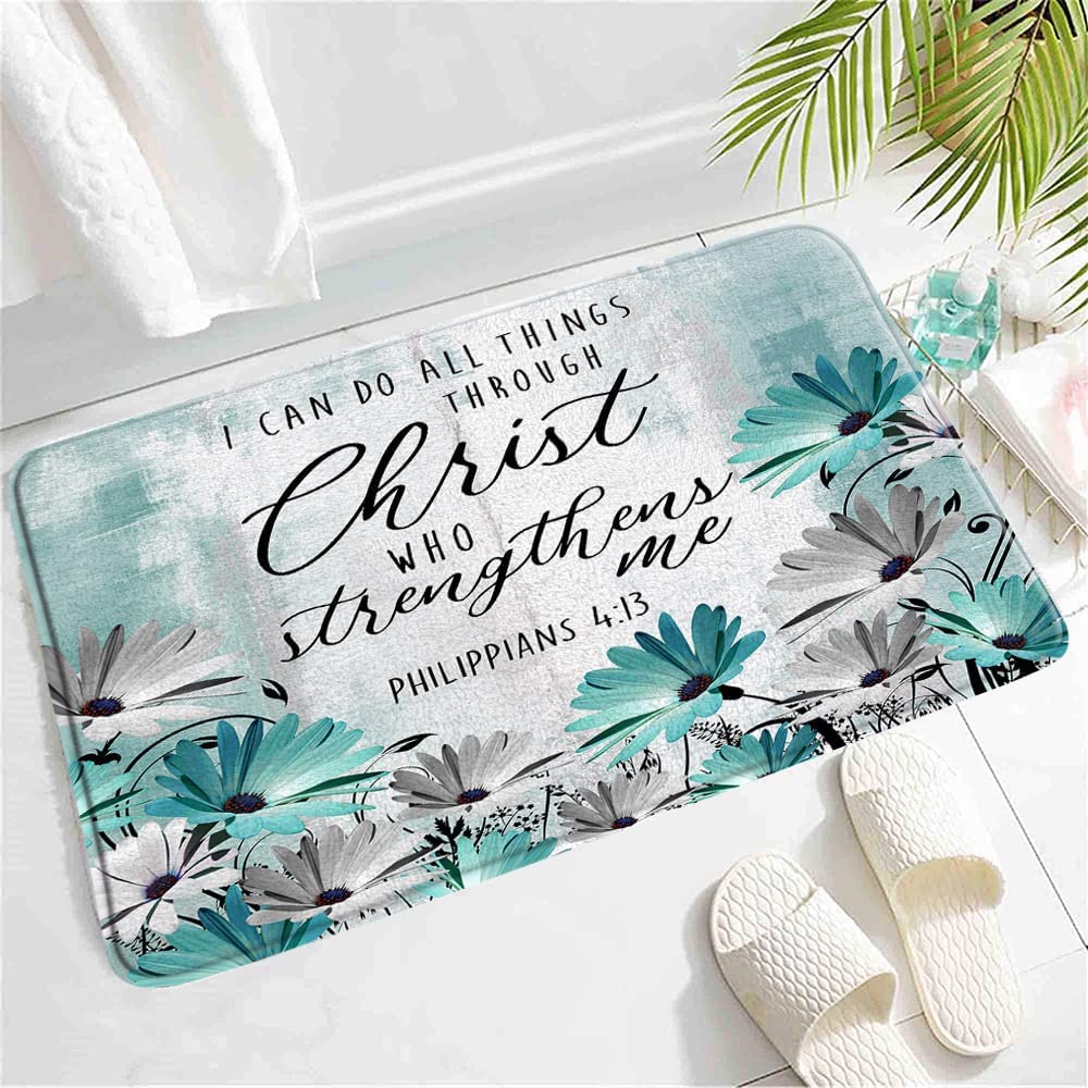 Rustic Farmhouse Floral Bath Mat,Farm Teal Flowers and Butterfly Inspirational Quote Country Turquoise Blue Spring Rugs Non-Slip Bathroom Mat Rug Bath Mats Kitchen Door Floor Mat Carpet 31"x20"