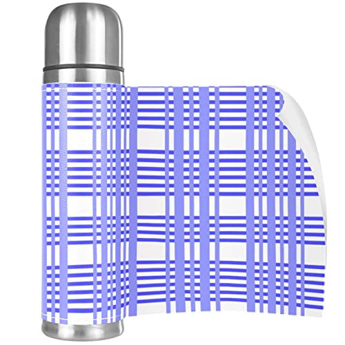 Stainless Steel Leather Vacuum Insulated Mug Purple Plaid Thermos Water Bottle for Hot and Cold Drinks Kids Adults 16 Oz