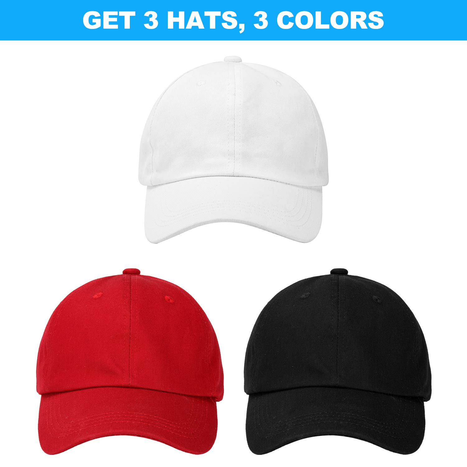 MEINICY 3PCS Classic Baseball Cap, Dad Hat Fits Men Women, All Cotton Made, Adjustable Low Profile Unconstructed (Black+White+Red)